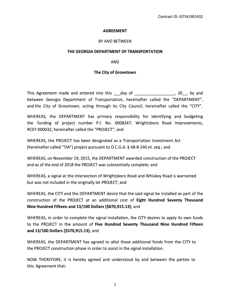 Fillable Online AGREEMENT 1 GDOT Contract ID No.: Project: , County PI ...