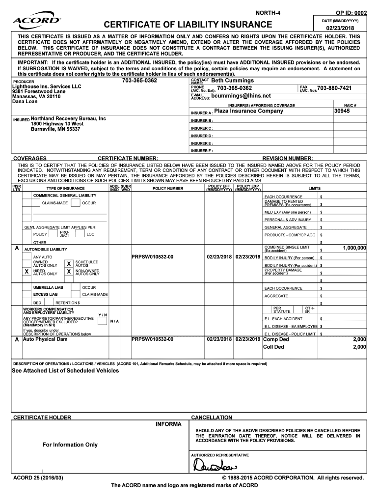 Fillable Online certificate of liability insurance - Allied Finance ...