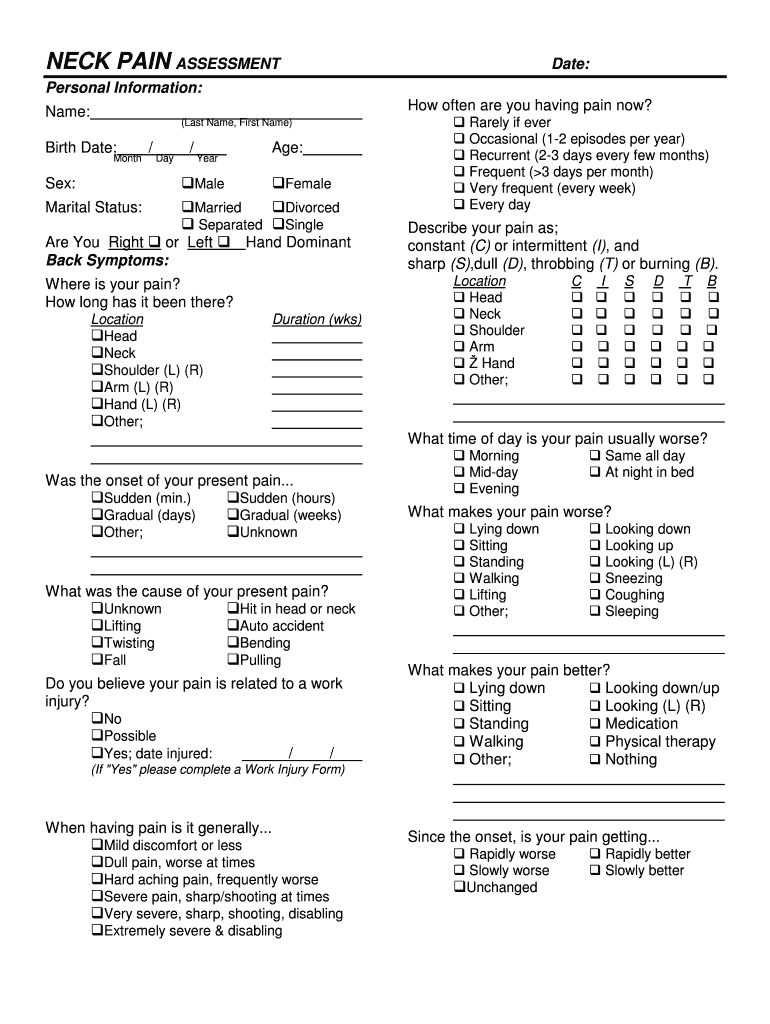 Fillable Online Neck Pain Assessment. New Patient Forms Fax Email Print ...