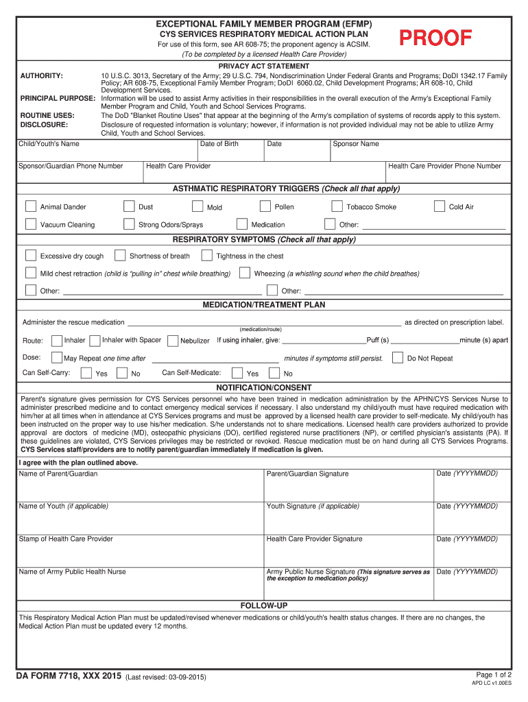 Fillable Online DA Form 7718, XXX 2015. CYS Services Respiratory ...