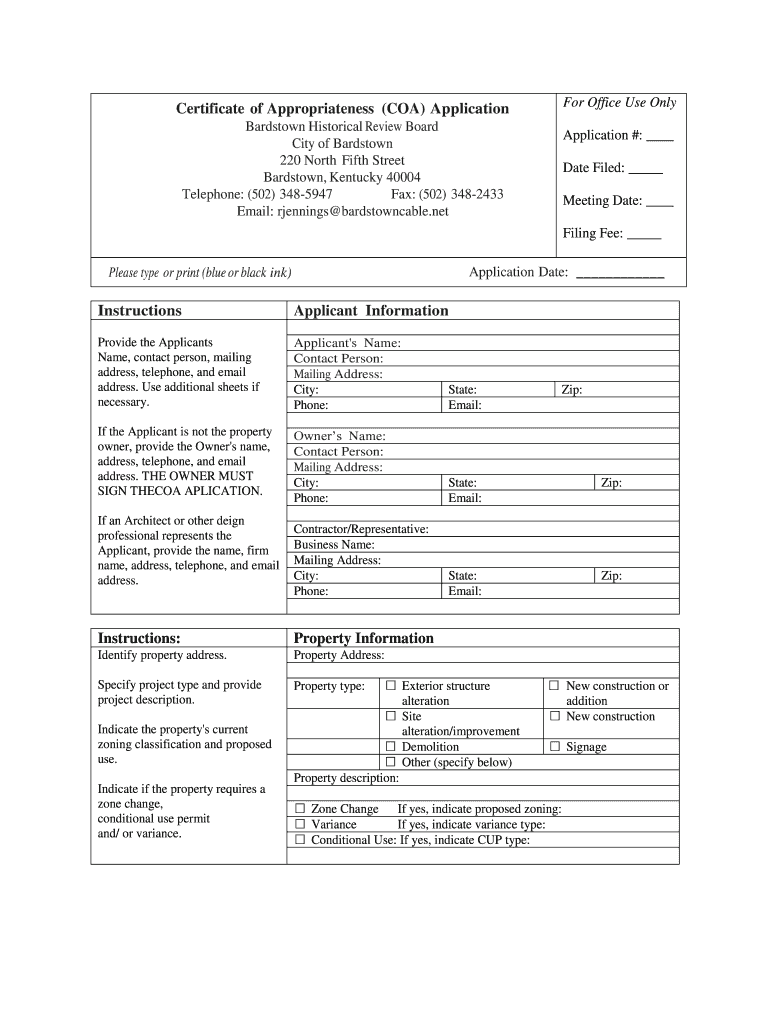 Fillable Online Certificate of Appropriateness (COA) Application ... - City of Bardstown Fax ...