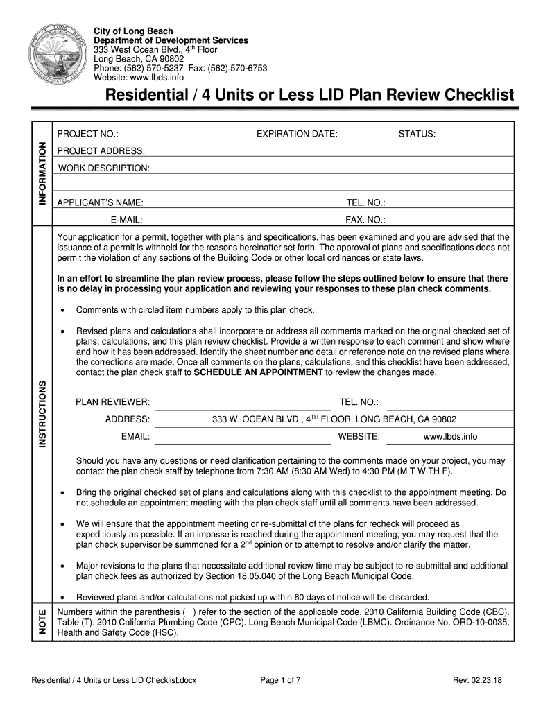 Fillable Online FORM - LID Plan Review Checklist - Residential (Rev.02. ...