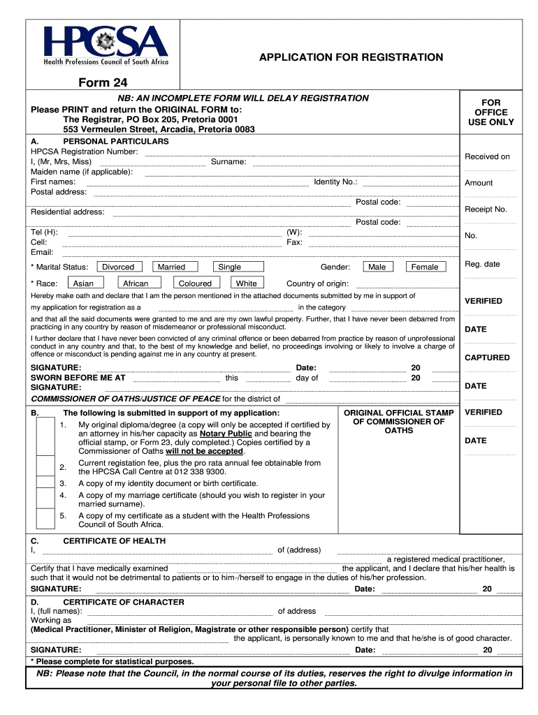 Fillable Online hpcsa co Fillable Online hpcsa co Form 24 APPLICATION ...