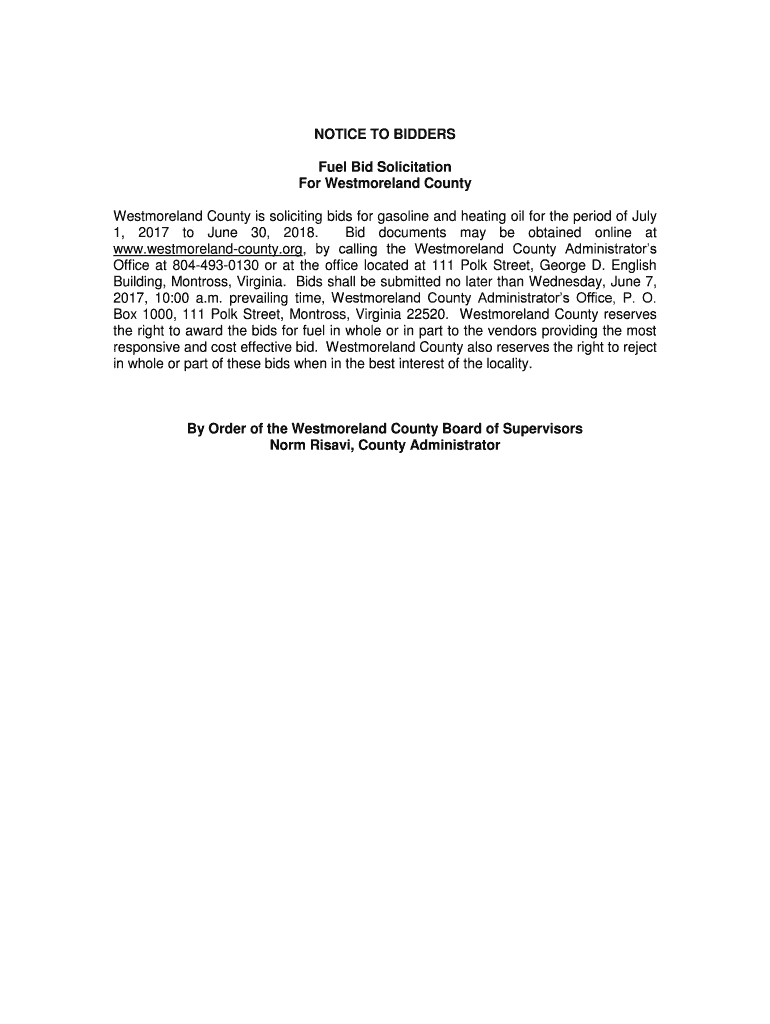 Fillable Online NOTICE TO BIDDERS Fuel Bid Solicitation For ...