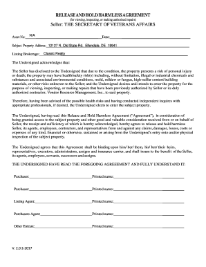 Fillable Online VA RELEASE AND HOLD HARMLESS AGREEMENT Final V. 2.01-31 ...