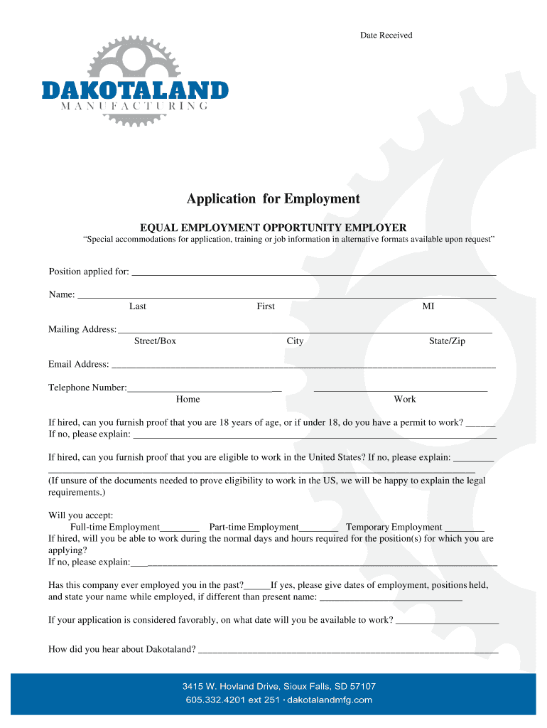 Fillable Online Application for Employment - Dakotaland Manufacturing ...