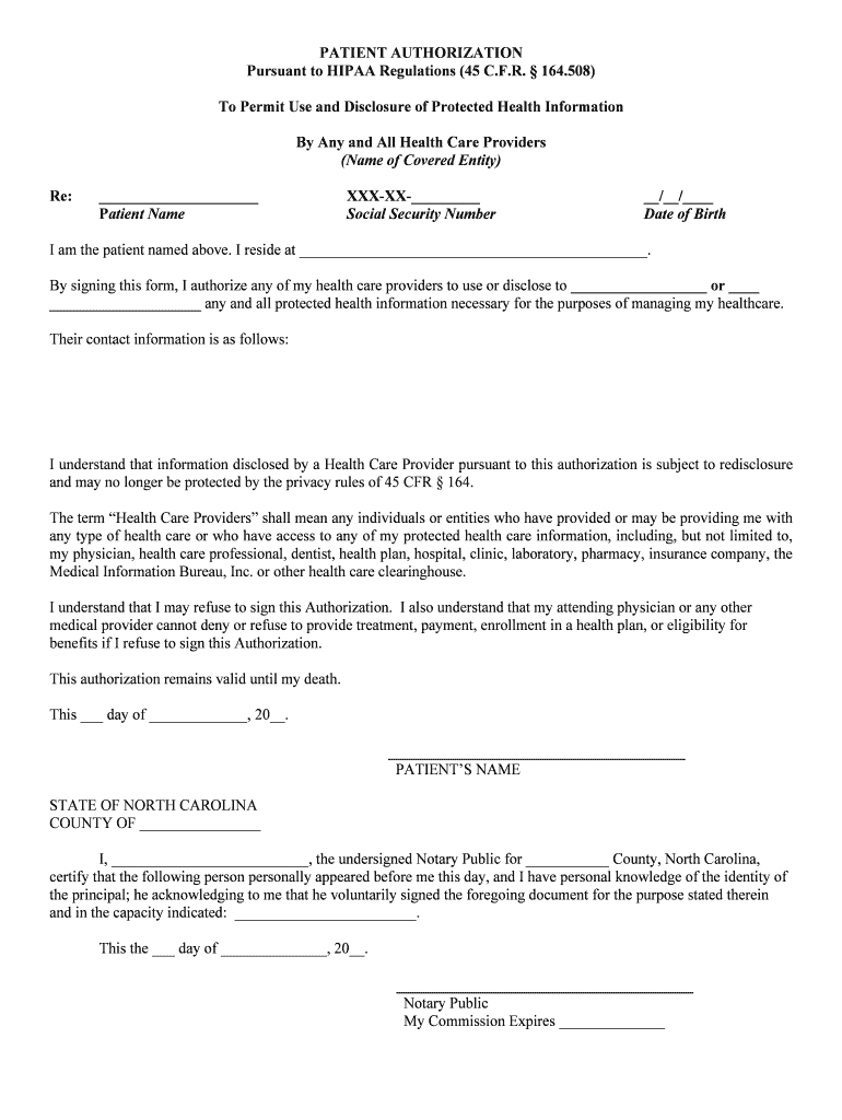 Fillable Online PATIENT AUTHORIZATION Pursuant to HIPAA Regulations (45 ...