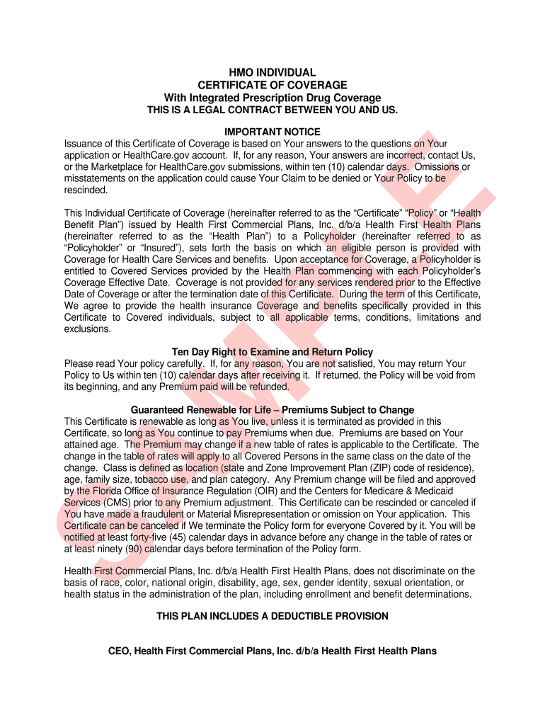 Fillable Online SBC Sample HFCP Individual HMO Certificate of Coverage ...