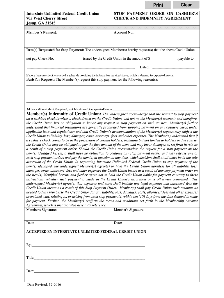 Fillable Online Cashier's Check Stop Payment Request and ...