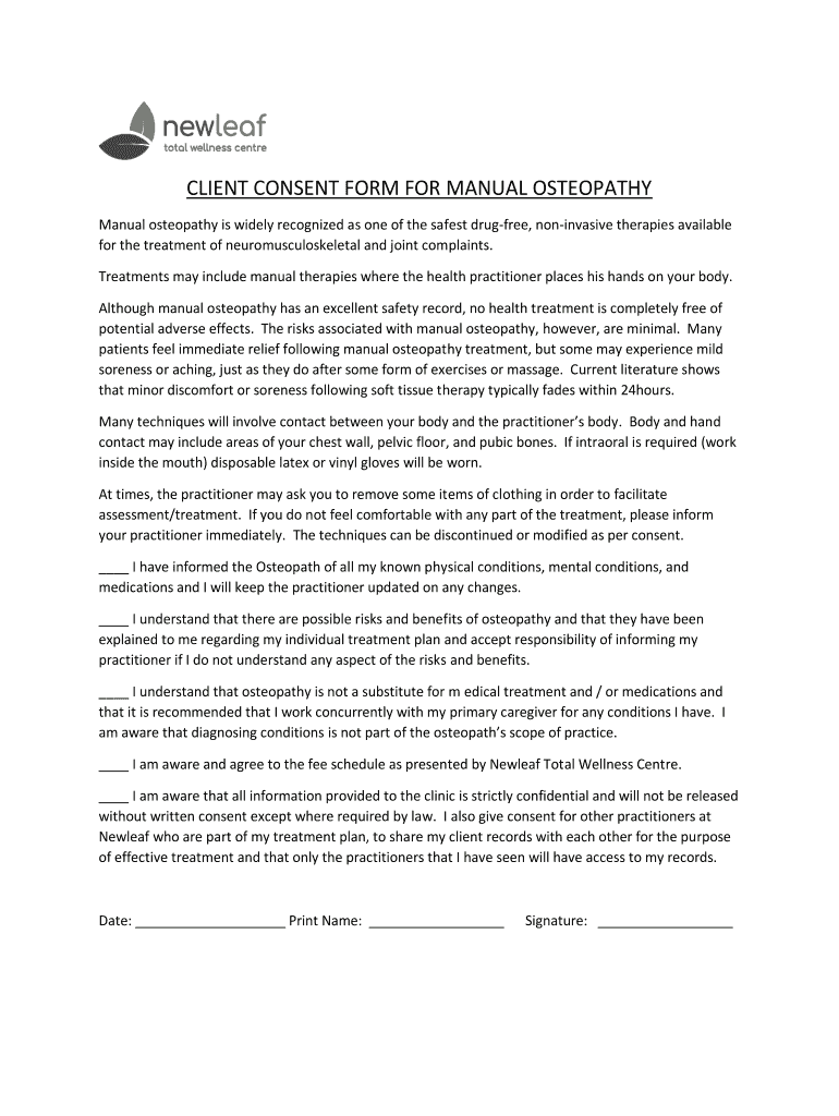 Fillable Online client consent form for manual osteopathy - New Leaf ...