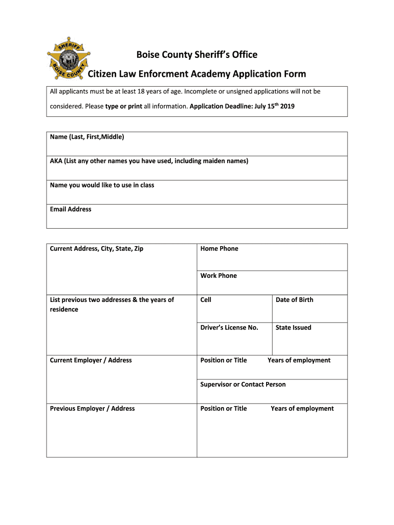 Fillable Online Boise County Sheriff's Office Citizen Law Enforcment ...