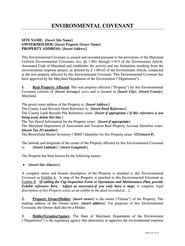 Fillable Online mde maryland Environmental Covenant Template - Maryland ...