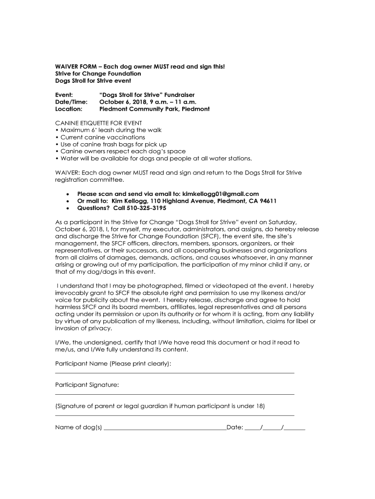 Fillable Online WAIVER FORMEach dog owner MUST read and sign this ...