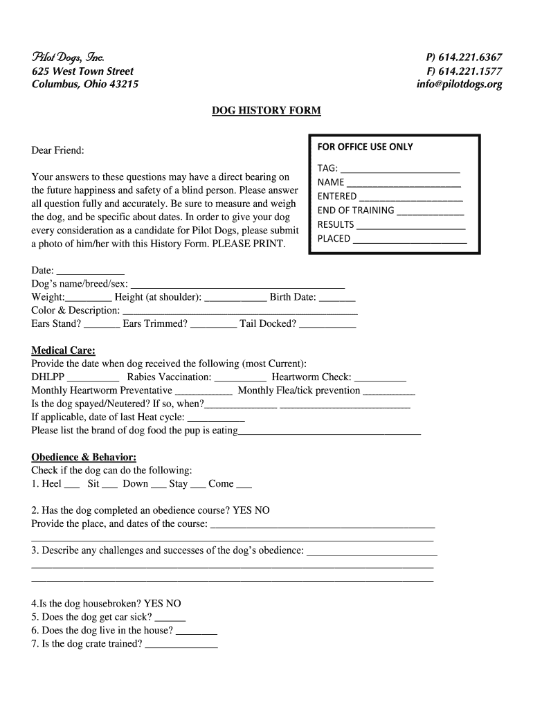 Fillable Online Dog Donation History Form - Pilot Dogs Fax Email Print ...