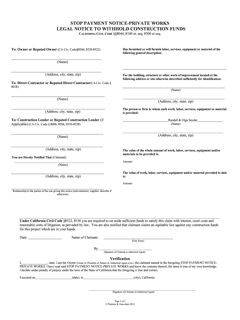 Fillable Online TO: STOP PAYMENT NOTICE-PUBLIC WORKS Legal Notice ...