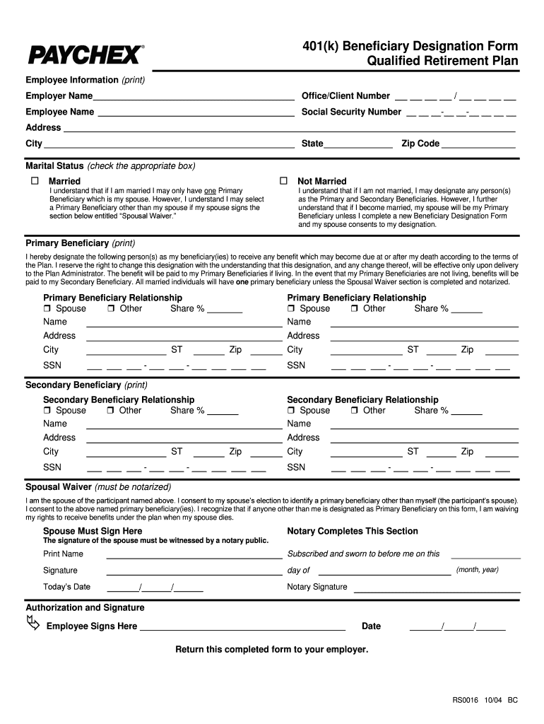 Paychex 401k Beneficiary Designation Form Fill Out Sign Online DocHub