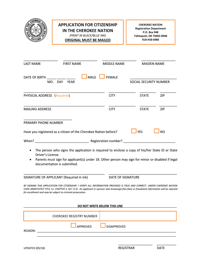Fillable Online APPLICATION FOR CITIZENSHIP IN THE CHEROKEE NATION Fax ...