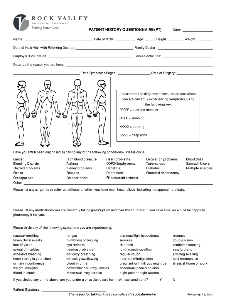 Fillable Online OT Pt Hx Questionnaire Final - Rock Valley Physical ...