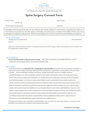 Fillable Online Spine Surgery Consent Form - First Hill Surgery Center ...
