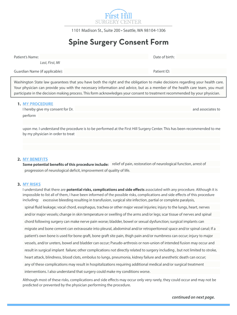 Fillable Online Spine Surgery Consent Form - First Hill Surgery Center ...