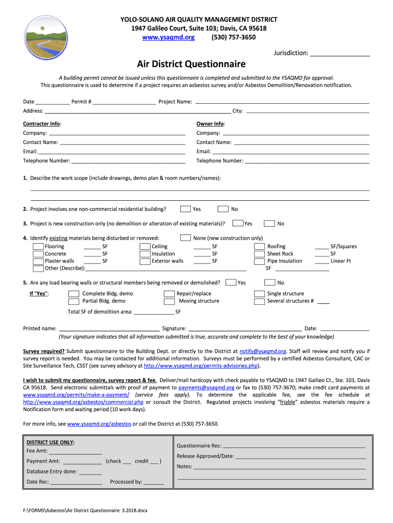 2018 Form CA Yolo-Solano Air Quality Management District Air District Questionnaire Fill Online ...