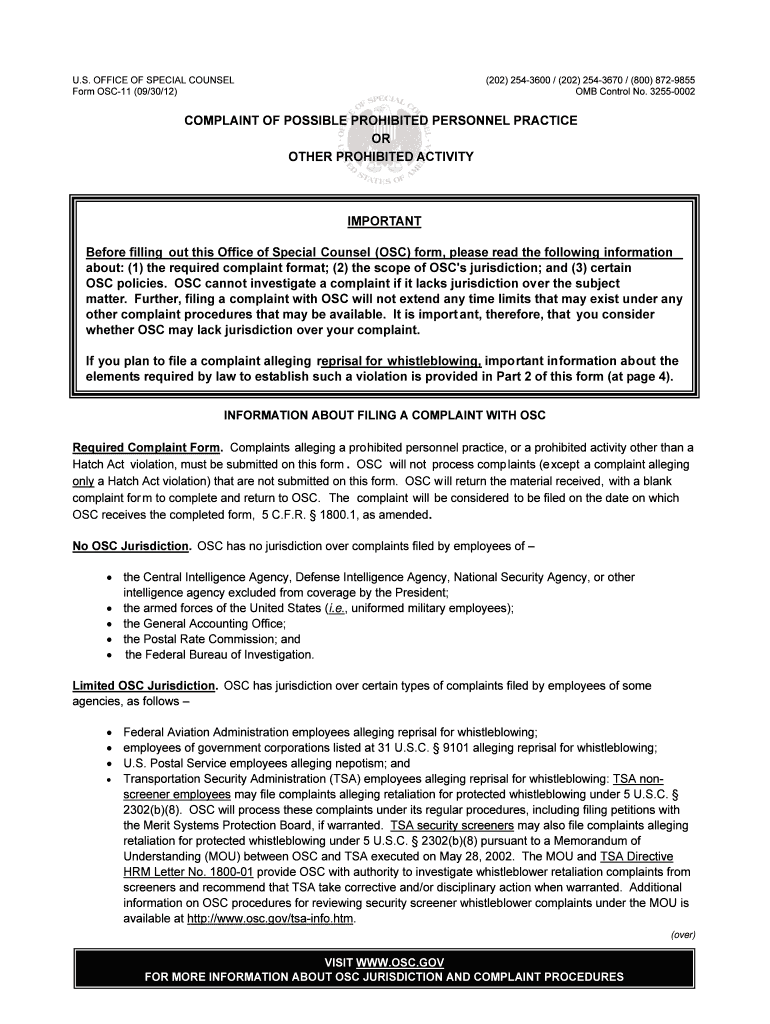 Fillable Online Form OSC-11: Complaint of Prohibited Personnel Practice ...