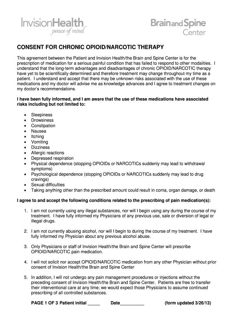 Fillable Online CONSENT FOR CHRONIC OPIOID/NARCOTIC THERAPY Fax Email ...