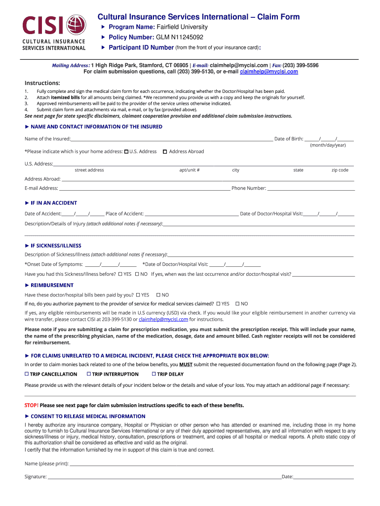 Fillable Online cisi claim form - Cultural Insurance Services ...