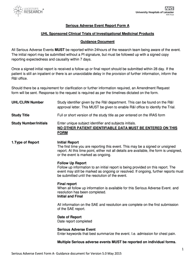 Fillable Online Serious Adverse Event Report Form A UHL Sponsored ...