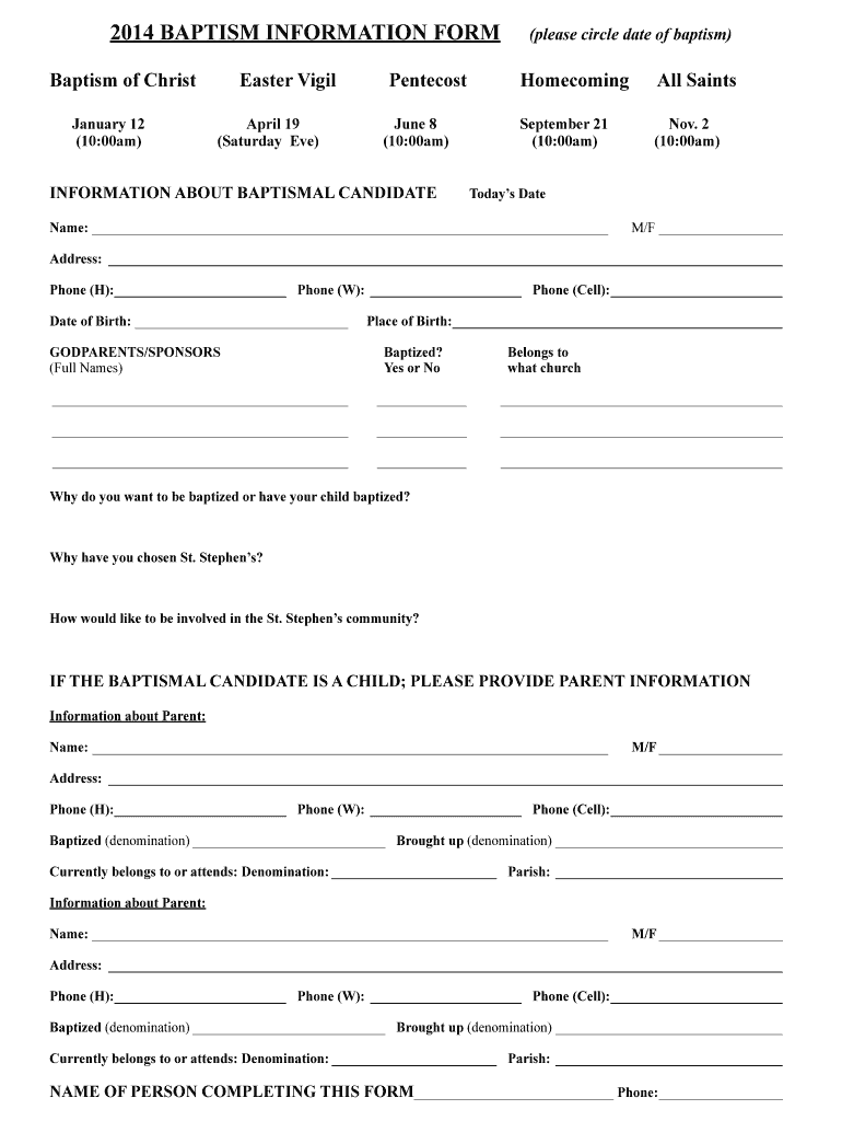 Fillable Online baptism information form 2014 - St. Stephen's, Lynn Fax ...