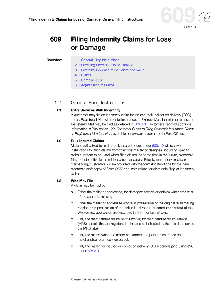 Fillable Online pe usps 609 Filing Indemnity Claims for Loss or ...