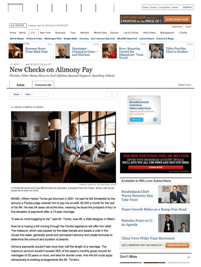 Fillable Online New Checks on Alimony Pay. Florida alimony reform Fax ...