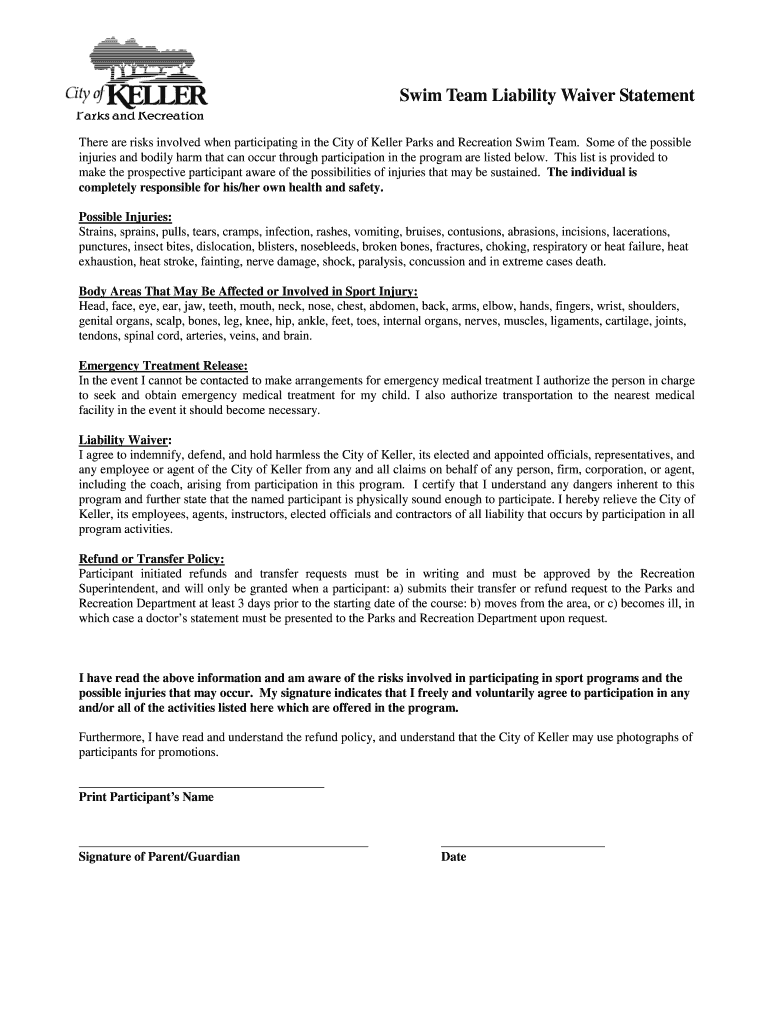 Fillable Online Swim Team Liability Waiver Statement Fax Email Print ...