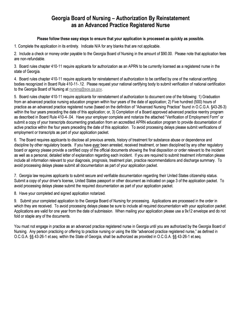 Fillable Online Georgia Board of NursingAuthorization By Reinstatement ...