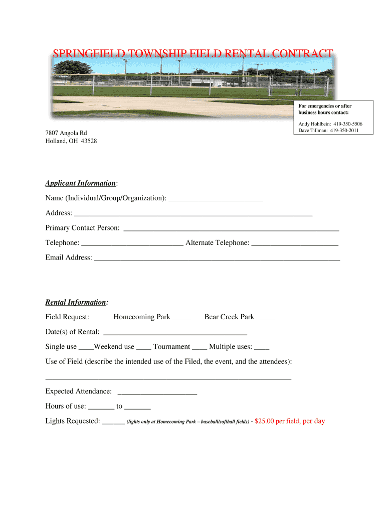 Fillable Online SPRINGFIELD TOWNSHIP FIELD RENTAL CONTRACT Fax Email ...
