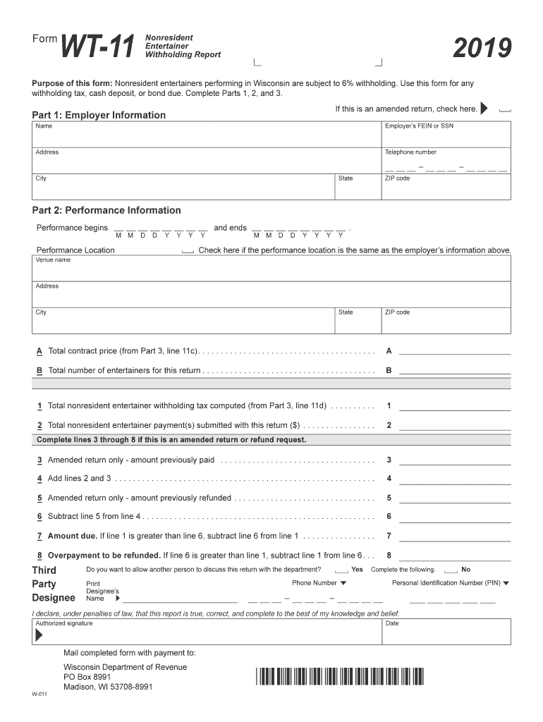 2019 W-011 Form WT-11 Nonresident Entertainer Withholding Report: Fill ...