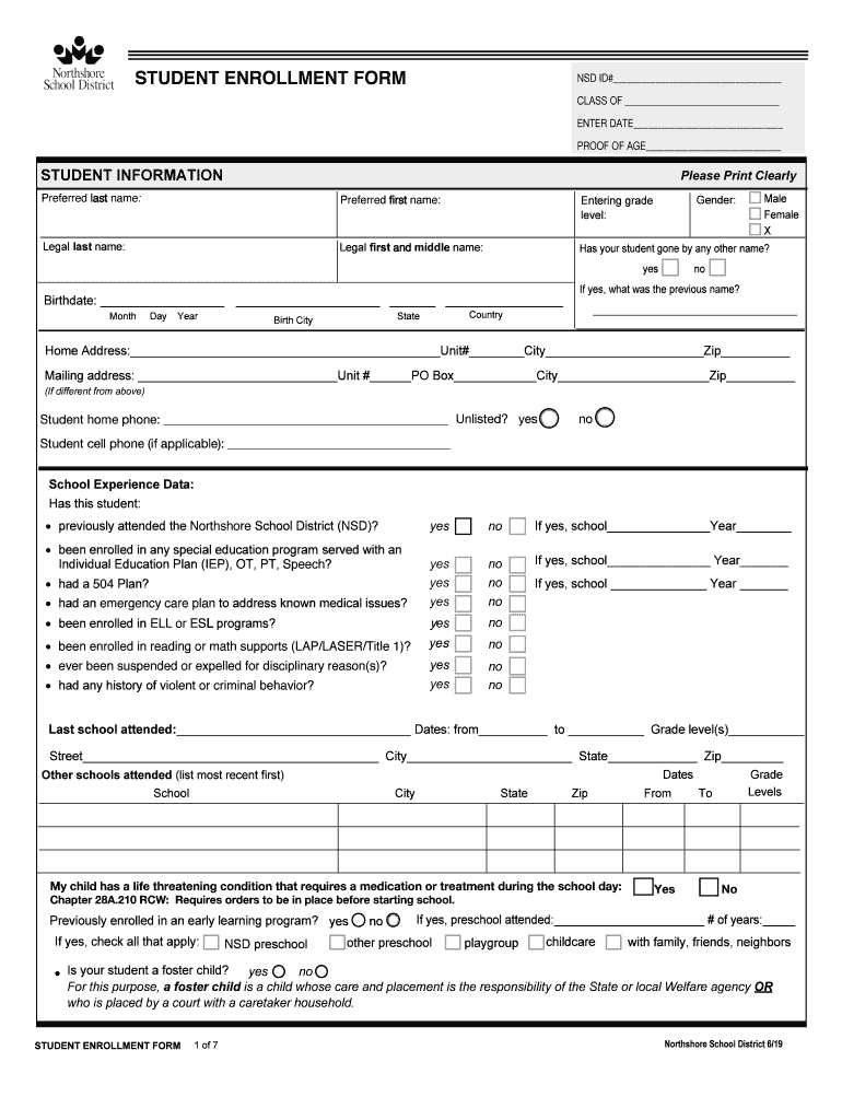 Fillable Online NSD Student Enrollment Form. NSD fillable registration ...