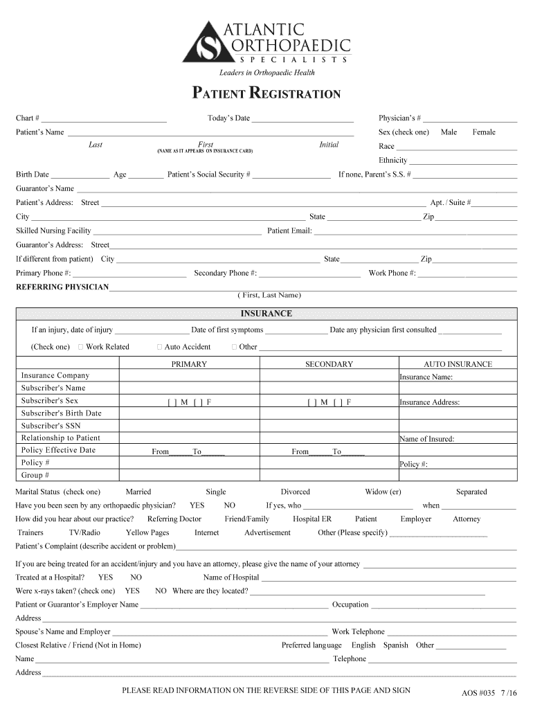 Fillable Online AOS Patient Registration Form - Atlantic Orthopaedic ...