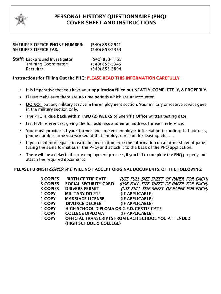 Fillable Online personal history questionnaire (phq) cover sheet and ...