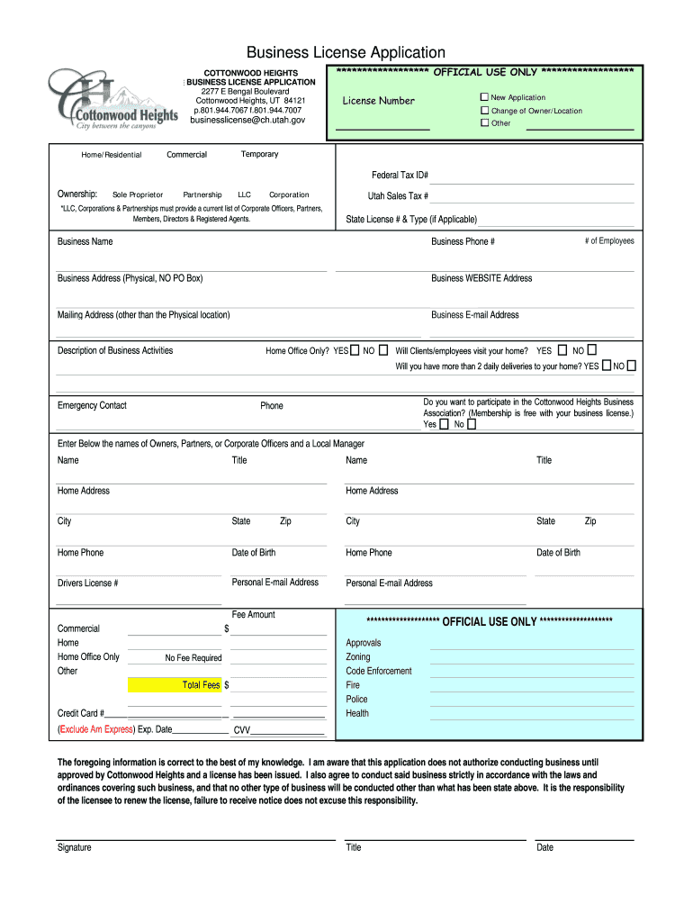 Fillable Online Business License Application - Cottonwood Heights ...