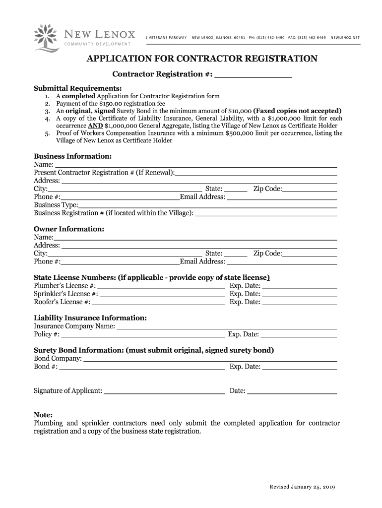 Fillable Online application for contractor registration - Village of New Lenox Fax Email Print ...