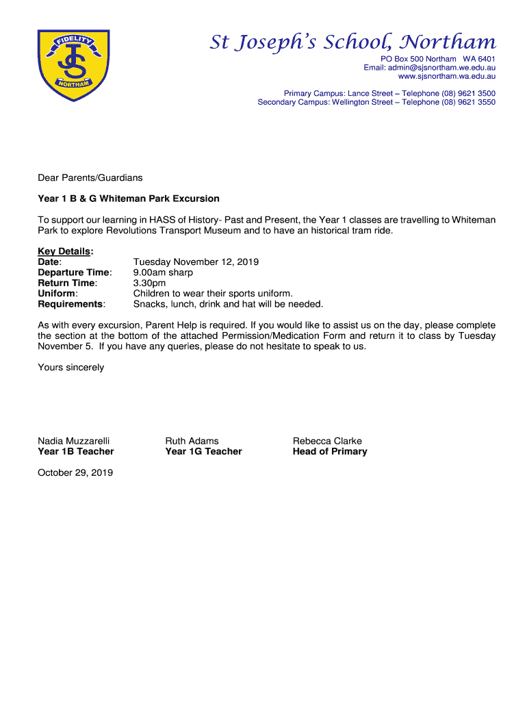 Fillable Online sjsnortham wa edu Year 1 Whiteman Park Excursion Letter ...