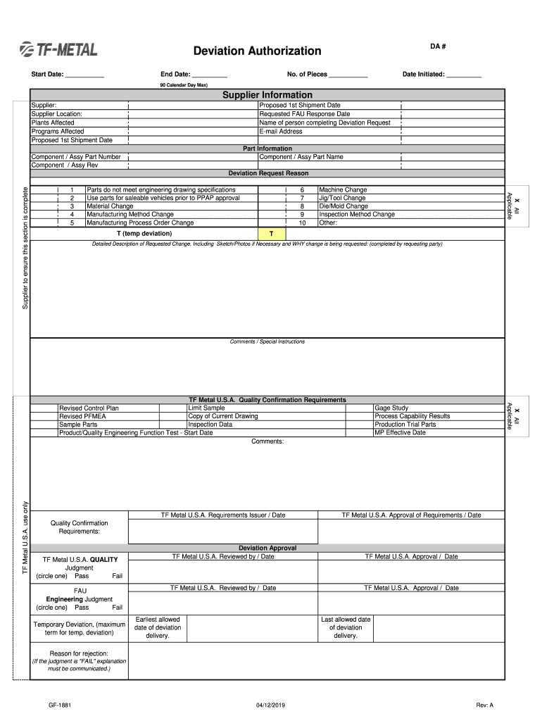 Fillable Online Vendor Request for Deviation (VRD) - Stanadyne Fax ...