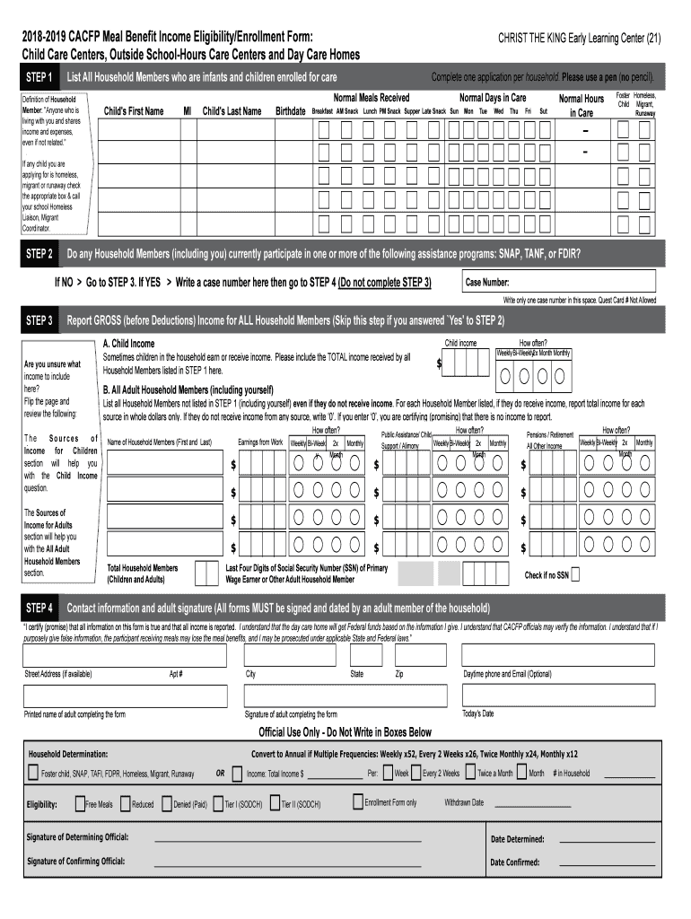 Fillable Online CACFP Meal Benefit Income Eligibility and Enrollment ...