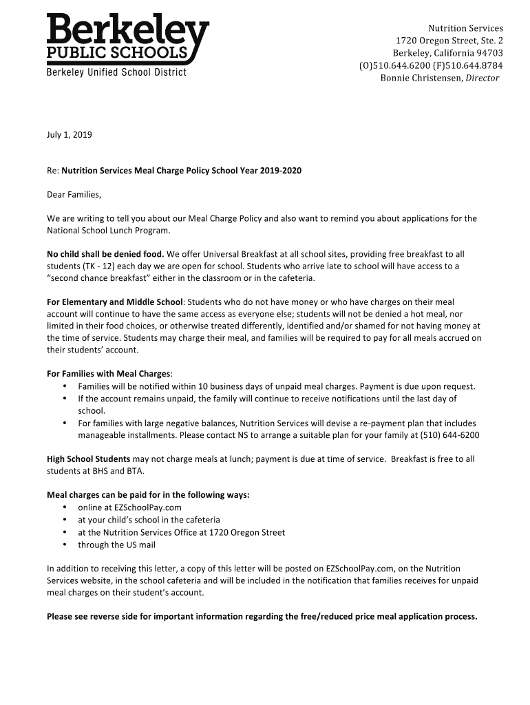 Fillable Online Meal Charge Policy Final Draft-2 Fax Email Print ...