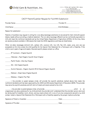 Fillable Online CACFP Parent/Guardian Request for Fluid Milk ...