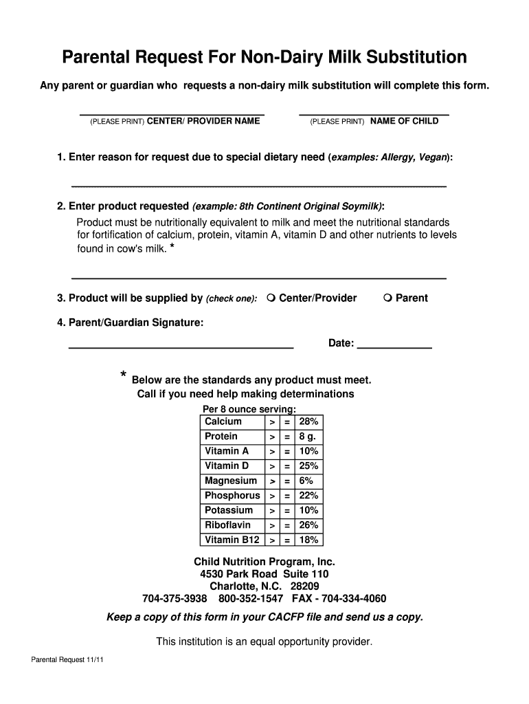 Fillable Online Parental Request for a Fluid Milk Substitution - Child ...