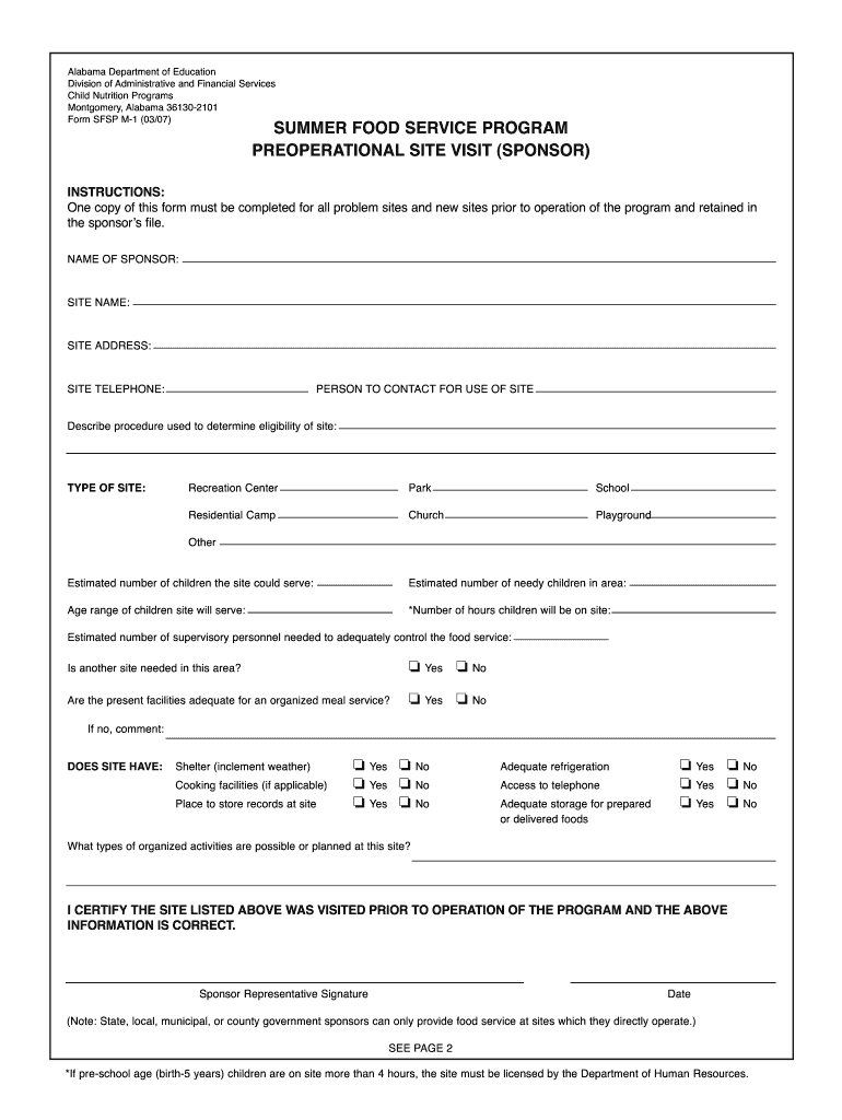 Fillable Online summer food service program preoperational site visit ...