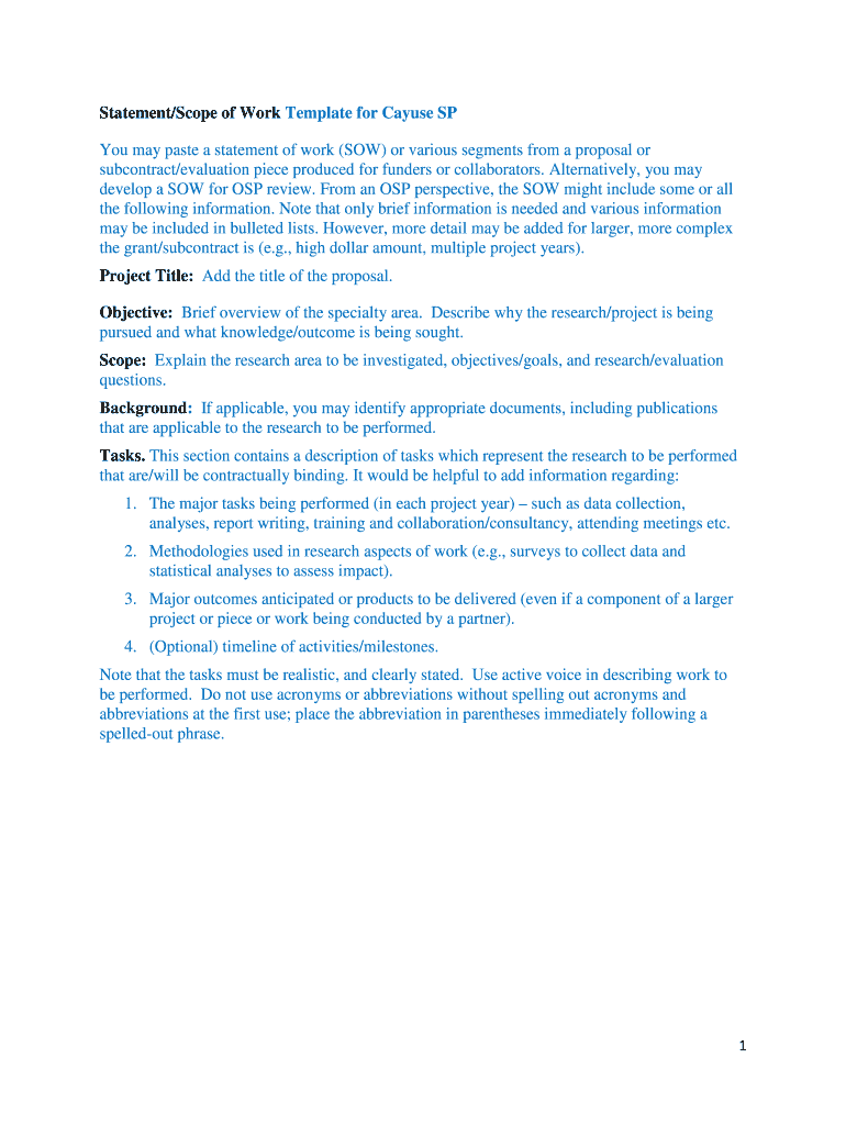 Fillable Online Statement/Scope of Work Template for Cayuse SP You may ...
