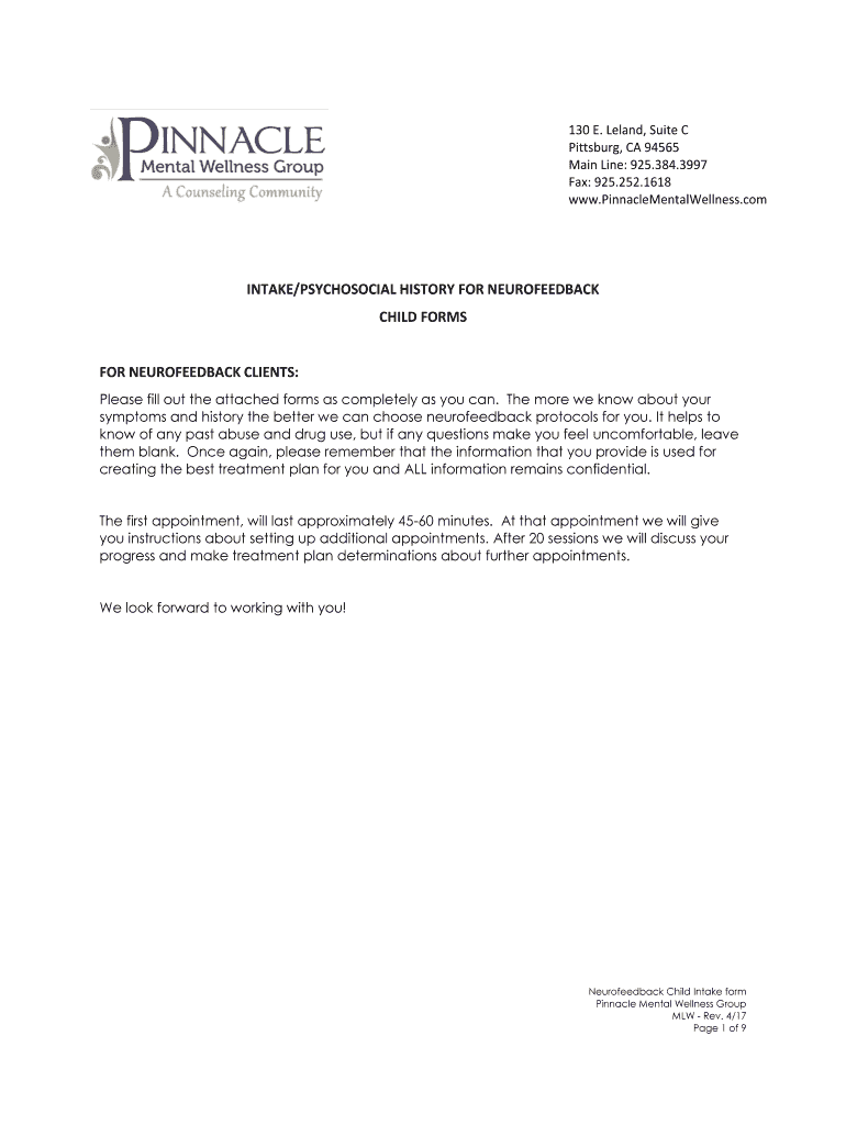 Fillable Online intake/psychosocial history for neurofeedback child ...